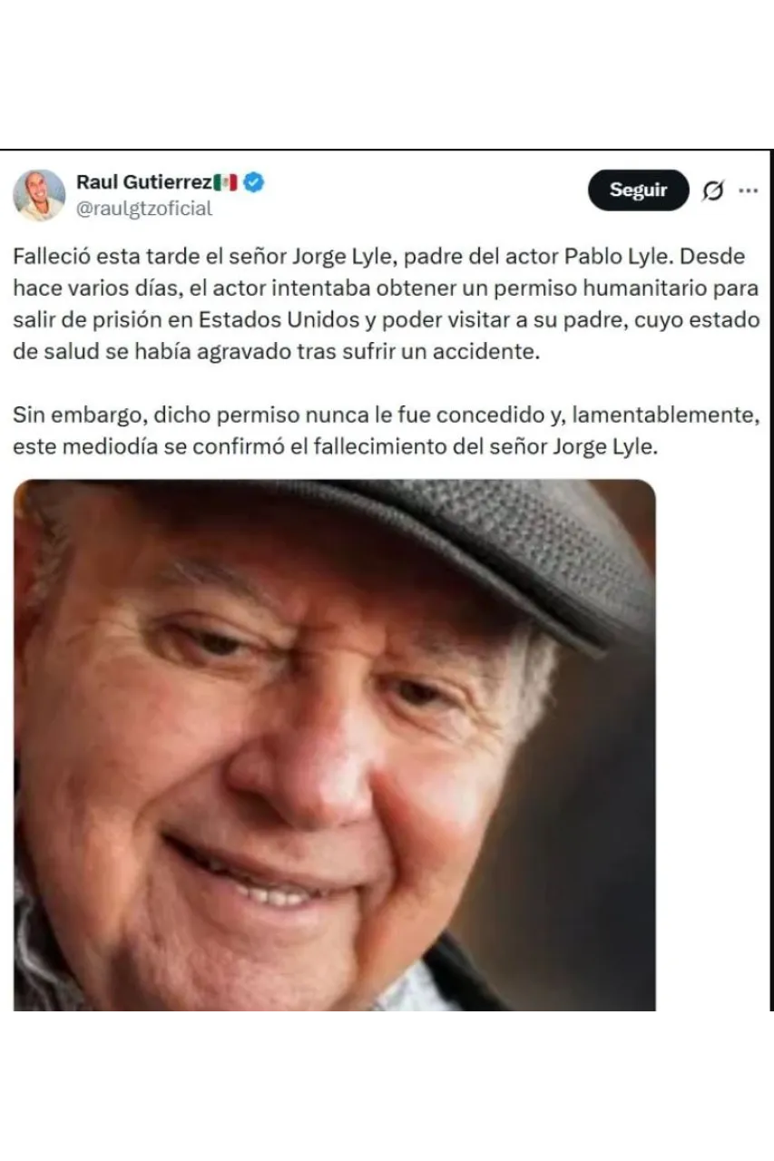 Fallece padre de Pablo Lyle tras accidente, reportan